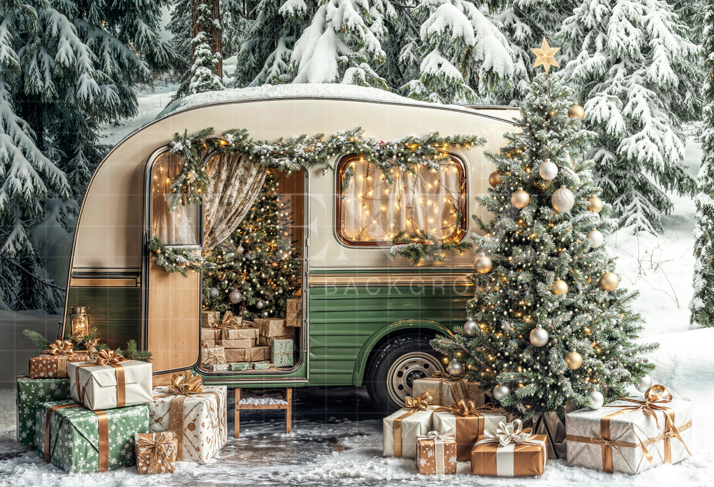 Fabric Photography Background Christmas Trailer / Backdrop 6455